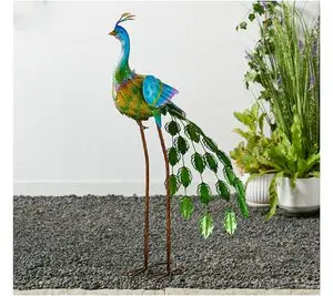 GLITZHOME 32h Metal Standing Peacock Garden Statue W/ Stakes - One-color
