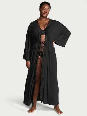 Victoria's Secret Sosoft™ Modal Ribbed Lace-trim Long Robe - Black