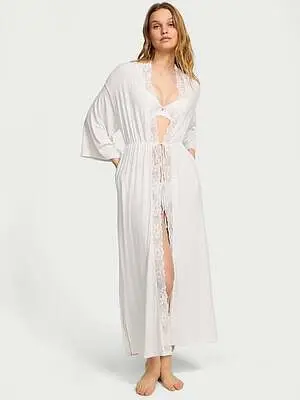 Victoria's Secret Sosoft™ Modal Ribbed Lace-trim Long Robe - White,ivory