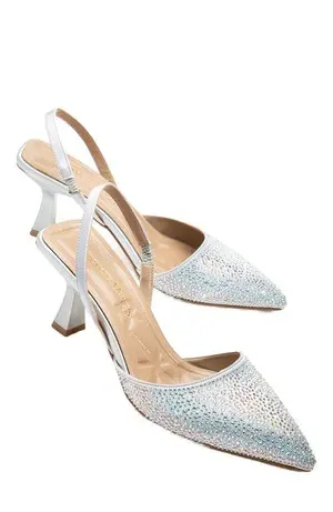 FOREVER & ALWAYS SHOES Rae Slingback Kitten Heel Pumps - Silver Rhinestones