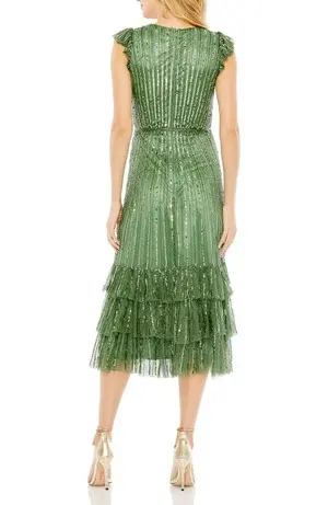 Mac Duggal Sequined Wrap Over Cap Sleeve Ruffle Hem Dress