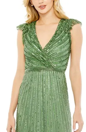 Mac Duggal Sequined Wrap Over Cap Sleeve Ruffle Hem Dress
