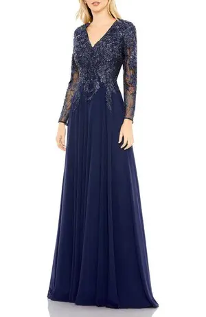 Mac Duggal Floral Embroidered Illusion V-neck A-line Gown - Navy
