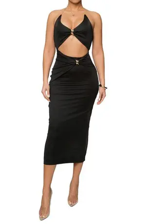 JLUXLABEL Cutout Chain Halter Midi Dress - Black