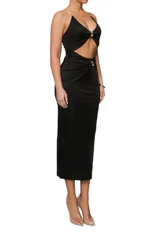 JLUXLABEL Cutout Chain Halter Midi Dress - Black