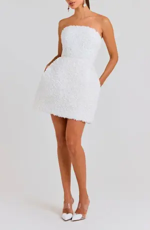 NADINE MERABI Maisy Floral Appliqué Strapless Mini Dress