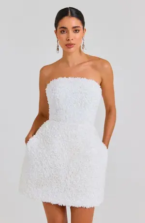 NADINE MERABI Maisy Floral Appliqué Strapless Mini Dress