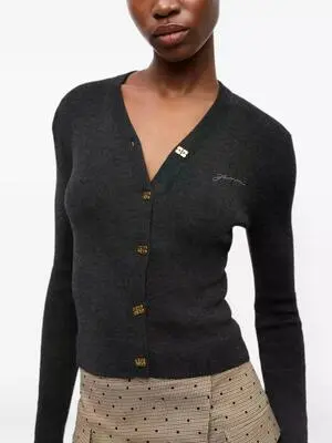 GANNI Logo Embroidered V-neck Cardigan - Black