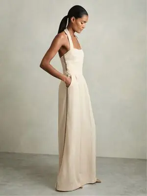 REISS Viola Embroidered Wide-leg Jumpsuit - Cream