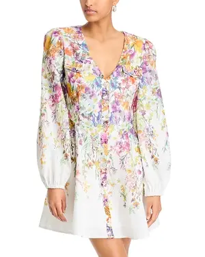 Aqua Floral Print Mini Dress - White Multi