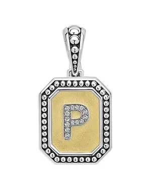 Lagos Signature Caviar Sterling Silver & 18k Yellow Gold Diamond Initial Charm - P