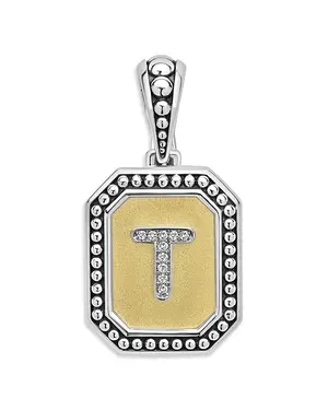 Lagos Signature Caviar Sterling Silver & 18k Yellow Gold Diamond Initial Charm - T