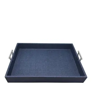 MARIPOSA Faux Grasscloth Tray With Metal Handles - Blue