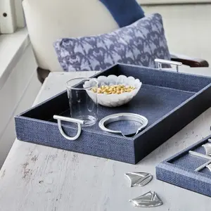 MARIPOSA Faux Grasscloth Tray With Metal Handles