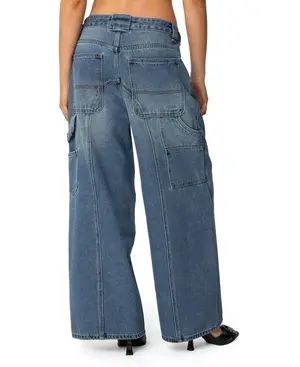 EDIKTED Tal Baggy Low Rise Carpenter Jeans - Blue Washed