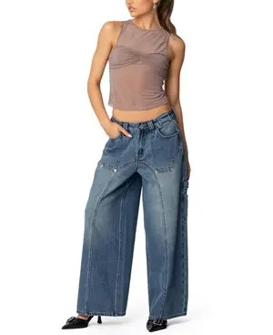 EDIKTED Tal Baggy Low Rise Carpenter Jeans - Blue Washed
