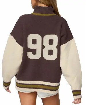 EDIKTED 98 Varsity Zip Up Sweater - Brown