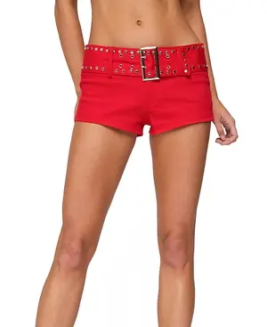 EDIKTED Embellished Belted Denim Micro Shorts - Red