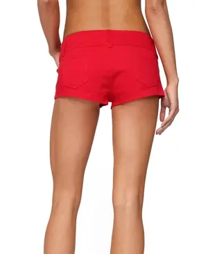 EDIKTED Embellished Belted Denim Micro Shorts - Red
