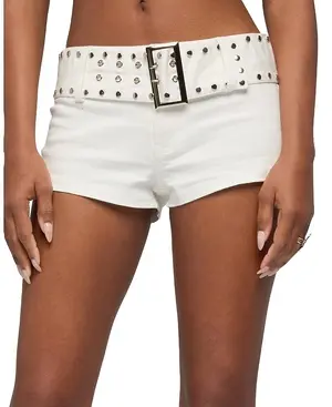 EDIKTED Studded Belt Denim Micro Shorts - White