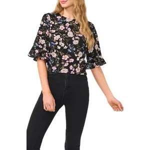 CECE DUPRAZ Floral Ruffle Cuff Top - Rich Black