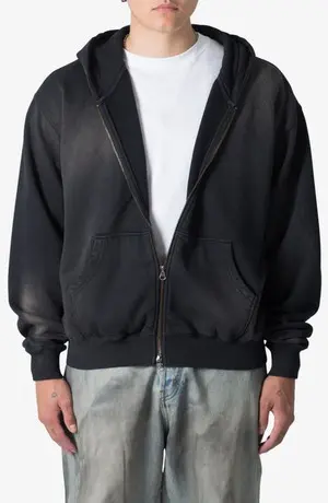 Mnml Basic Faded Cotton Zip-up Hoodie - Washed Black