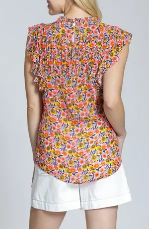 APNY Floral Print Flutter Sleeve Blouse - Apricot Multi