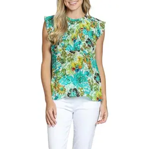 APNY Floral Print Flutter Sleeve Blouse - Green Multi