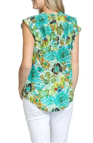APNY Floral Print Flutter Sleeve Blouse - Green Multi