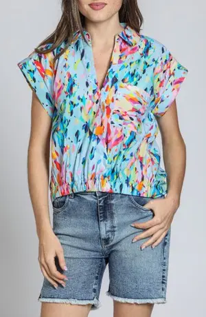 APNY Print Wrap Front High-low Cotton Top - Blue Multi