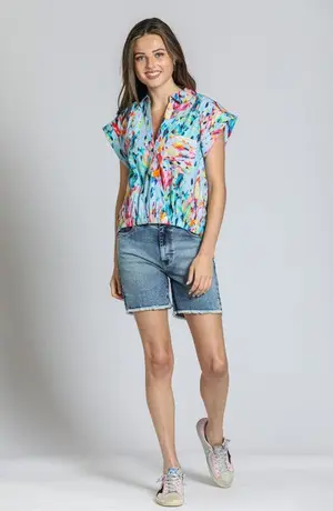 APNY Print Wrap Front High-low Cotton Top - Blue Multi