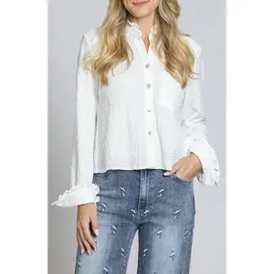 APNY Ruffle Long Sleeve Crop Button-up Shirt - White