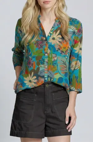 APNY Mixed Stripe Mandarin Collar Button-up Shirt - Green Multi