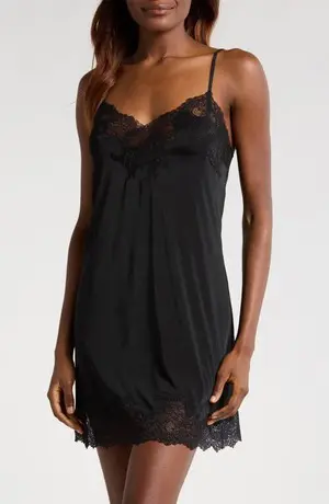 Natori Enchant Lace Trim Satin Chemise Black W/ Black Lace