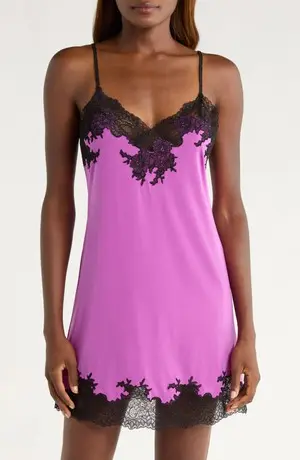 Natori Enchant Lace Trim Satin Chemise - Floret Purple W/black Lace