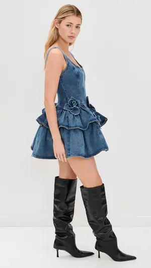 AKNVAS Devyn Denim Mini Dress With Rosette Accents