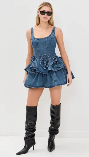 AKNVAS Devyn Denim Mini Dress With Rosette Accents