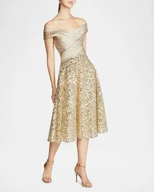 Theia Brandy Off-shoulder Sequin Midi Dress - Champange