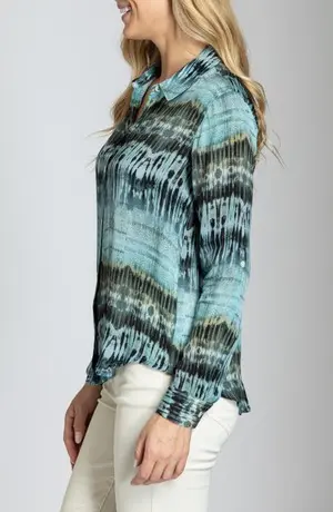 APNY Abstract Print Roll Tab Sleeve Button-up Shirt - Bright Blue Multi