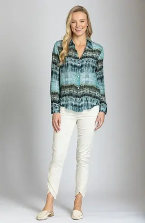 APNY Abstract Print Roll Tab Sleeve Button-up Shirt - Bright Blue Multi
