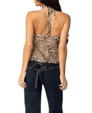 EDIKTED Tiger Printed Mesh Babydoll Top