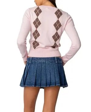 EDIKTED Argyle V-neck Knit Sweater - Light Pink