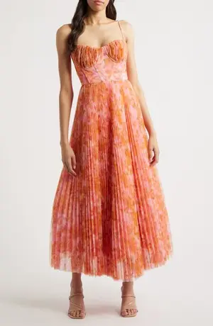 HUTCH Pleated Cocktail Dress - Gold Floral