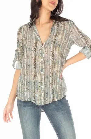 APNY Print Roll Tab Sleeve Button-up Shirt - Beige Multi