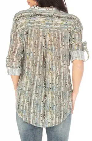 APNY Print Roll Tab Sleeve Button-up Shirt - Beige Multi