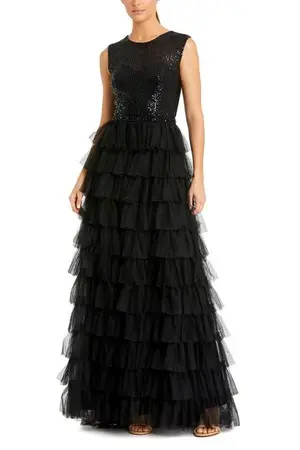 Mac Duggal Ruffle Tiered Sequin High Neck Gown - Black