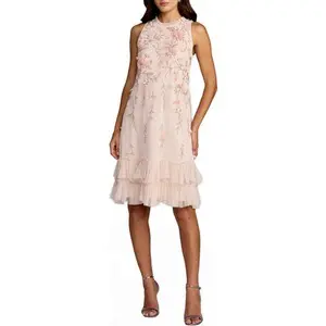 Mac Duggal Embellished High Neck Tiered Dress - Peach