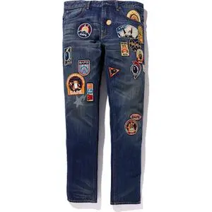 A BATHING APE Slim Fit Crazy Patch Jeans - Indigo