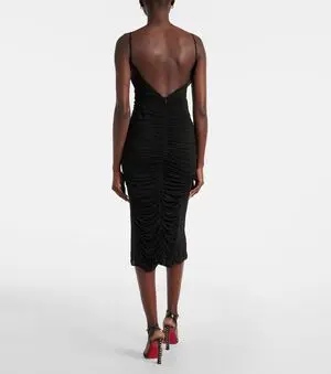 MUGLER Ruched Mesh Midi Dress - Black