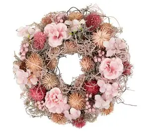 NORTHLIGHT Floral Wooden Spring Wreath 12' Pink And Yellow - One-color